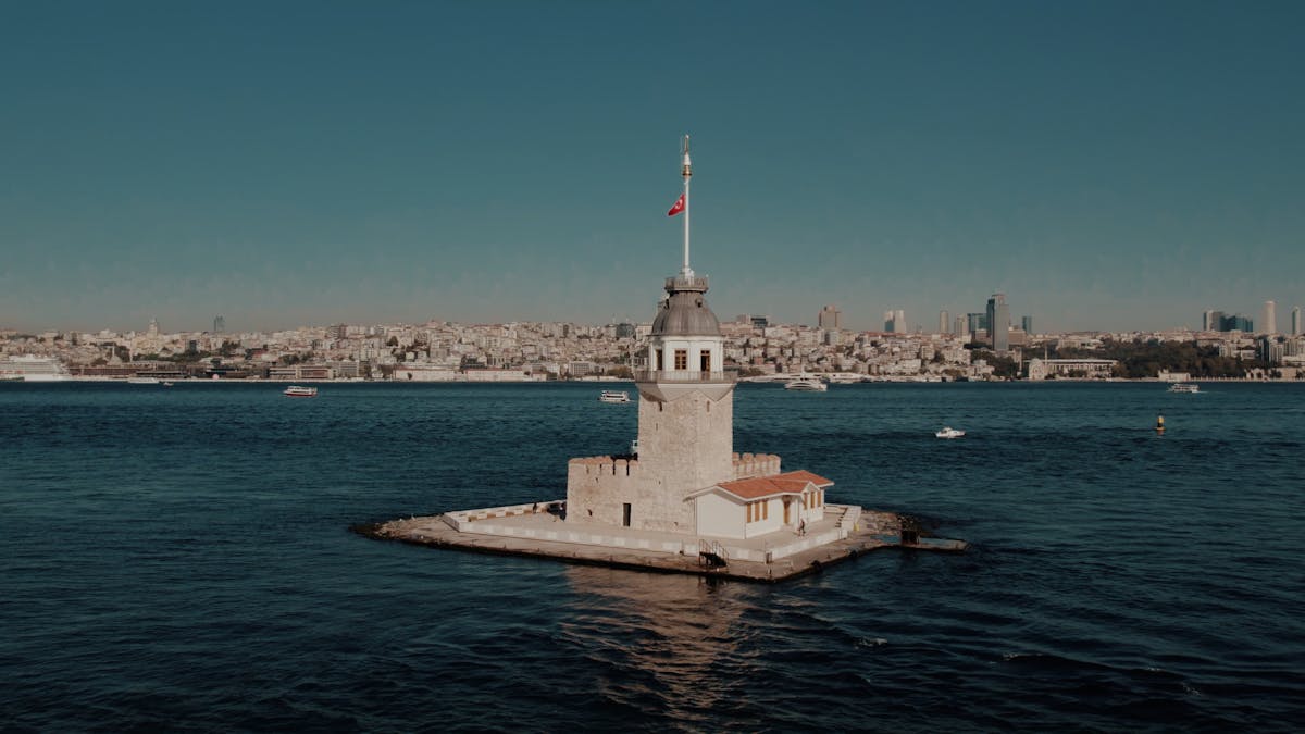 Aerial view of Maidens Tower on the Bosphorus strait in Istanbul
