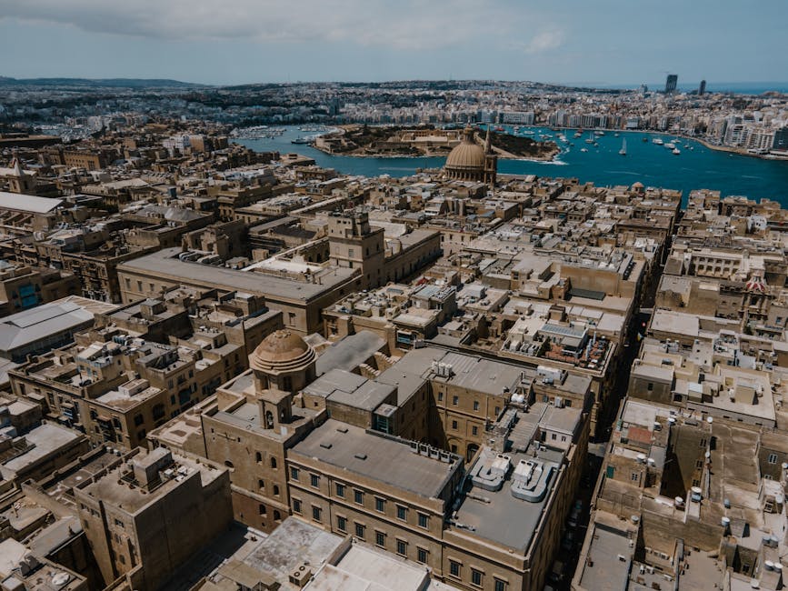Aerial shot of Il-Belt Valletta, Malta showcasing historic architecture