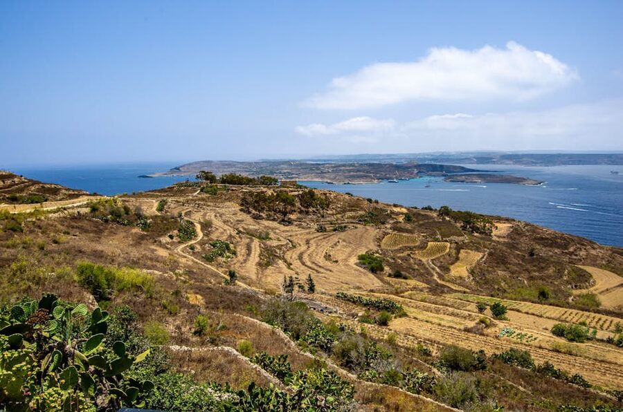 Breathtaking view of Malta's coast and terraced fields under a clear sky