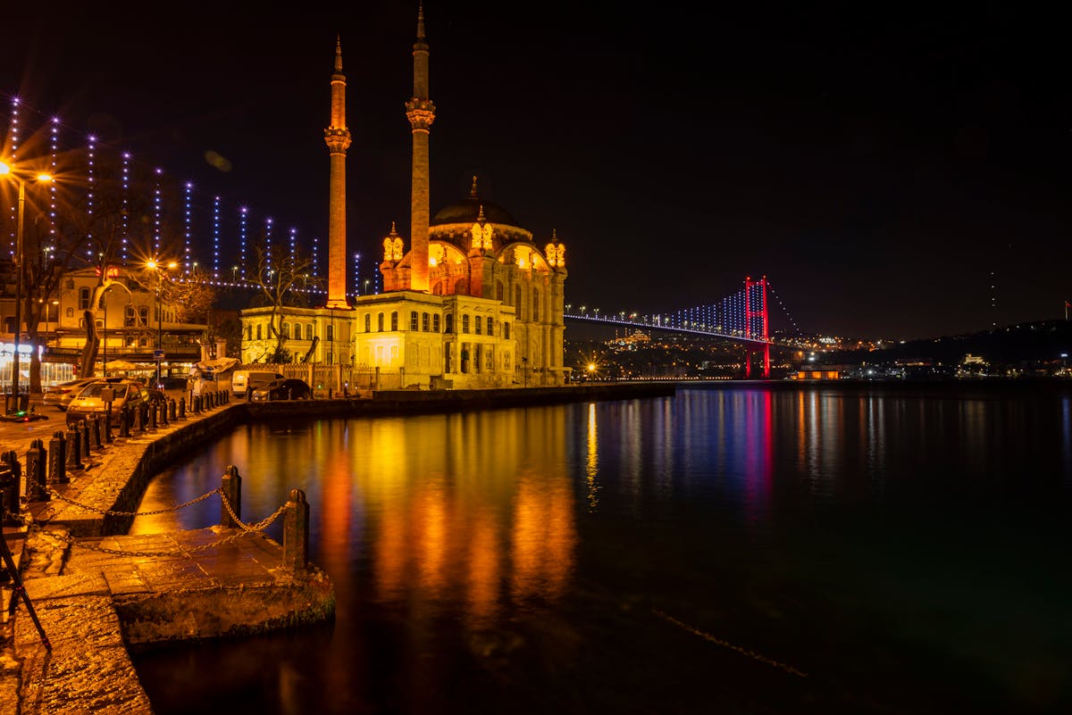 Ortakoy Mosque beautifully illuminated with the Bosphorus Bridge in the background at night