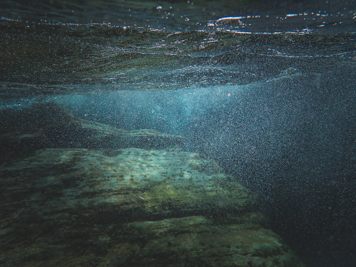 Rocks underwater with sunlight filtering through the water above