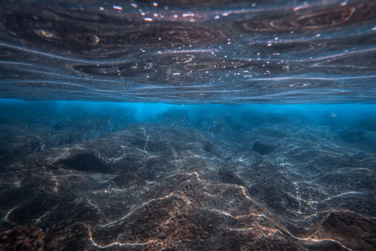Textured rocks on the seabed with clear blue water above