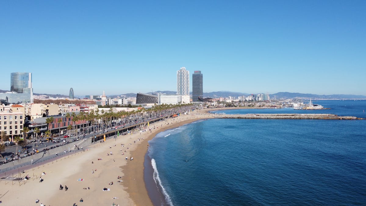 Barcelona beach and city skyline from above