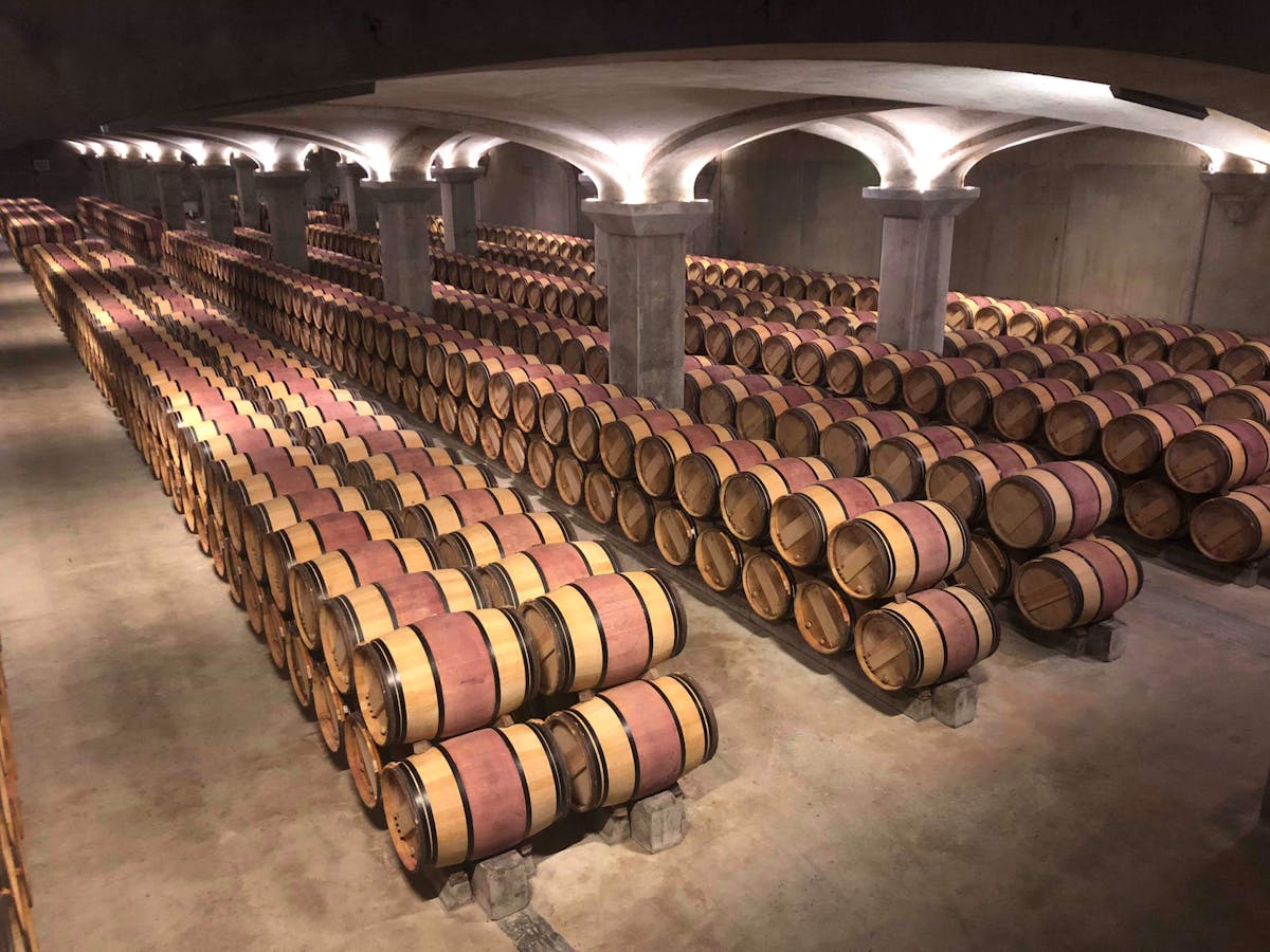 Wooden wine barrels lined up aging in a dimly lit Margaux winery in France