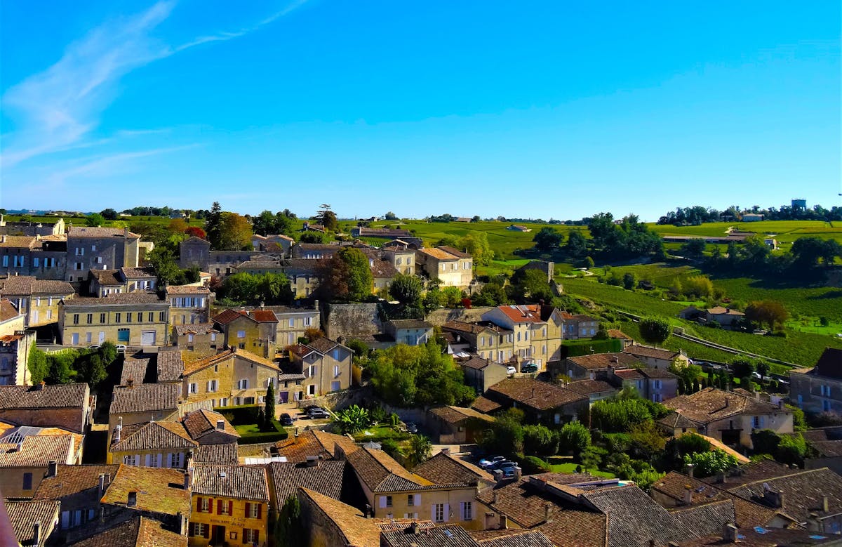 Charming aerial view of the medieval village of Saint-Emilion in the Bordeaux wine region of France