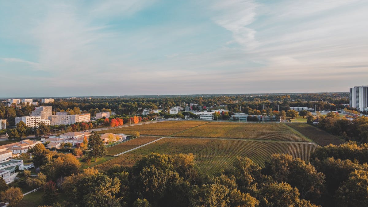 Stunning aerial view of the Bordeaux countryside showing fields and vineyards stretching to the horizon