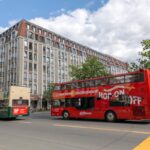 Yellow and red hop-on hop-off sightseeing buses parked near a historic building in Berlin on a sunny day