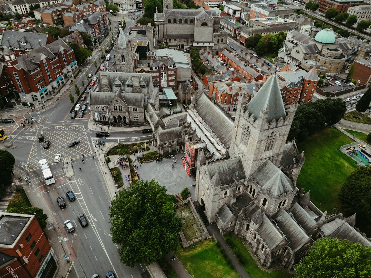 Aerial shot of Dublin Christ Church Cathedral and medieval architecture