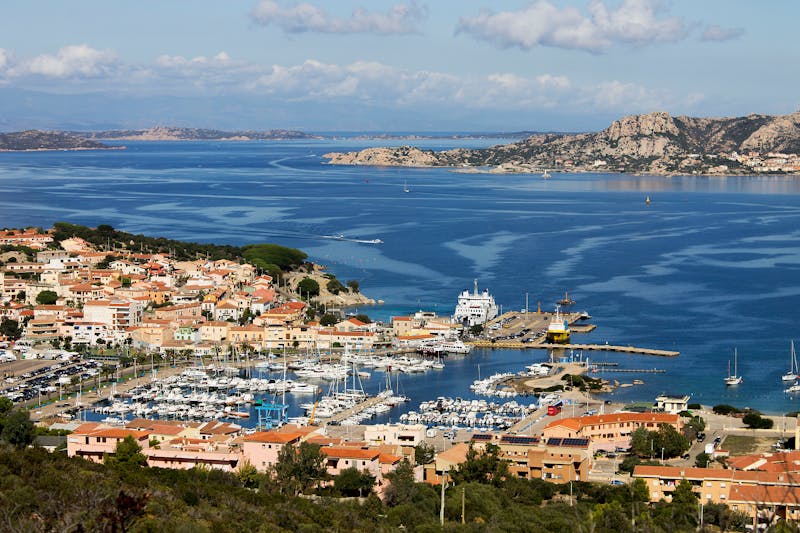 Aerial view of Palau harbor and coastal town in northern Sardinia
