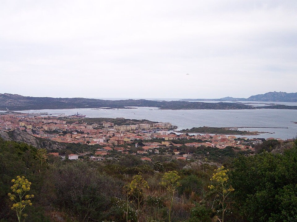 Panoramic view of La Maddalena town, harbor, and surrounding islands in Sardinia