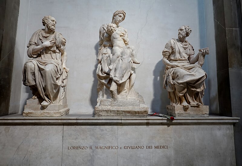 Michelangelo Madonna and Child sculpture flanked by Saints Cosmas and Damian in the New Sacristy