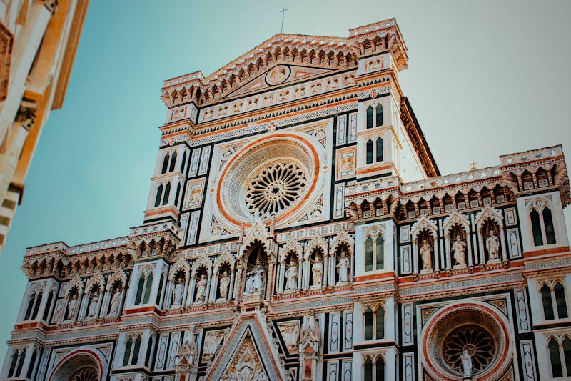 Close up of the intricate marble facade of the Florence Cathedral