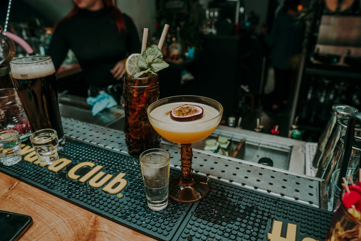 Close-up of colorful cocktails on a bar counter