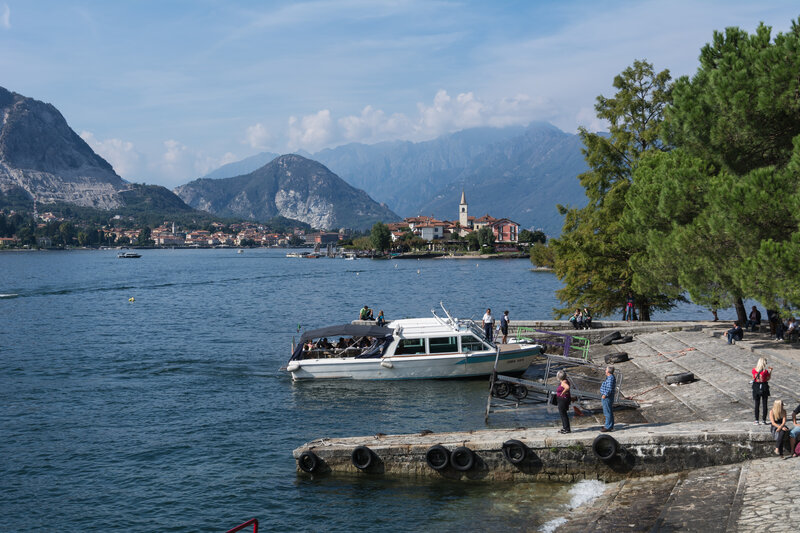 The fishing village of Isola dei Pescatori viewed across the water from Isola Bella on Lake Maggiore