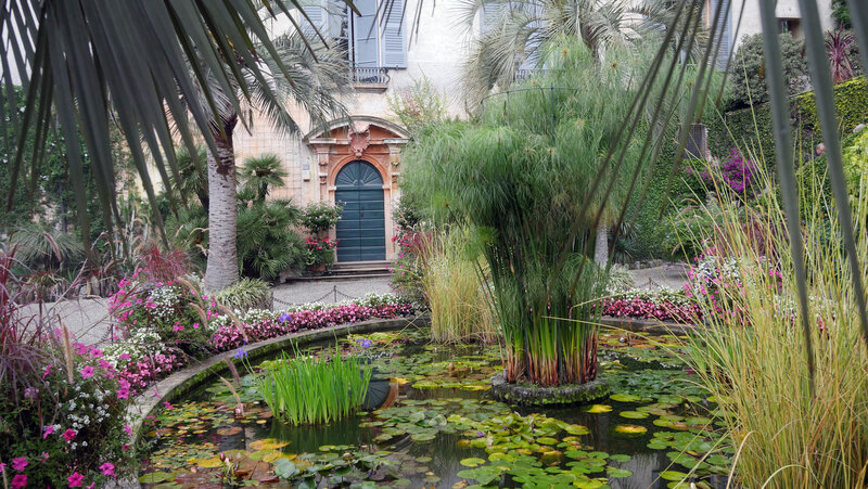 Lush botanical garden with exotic plants and palm trees on Isola Madre Lake Maggiore