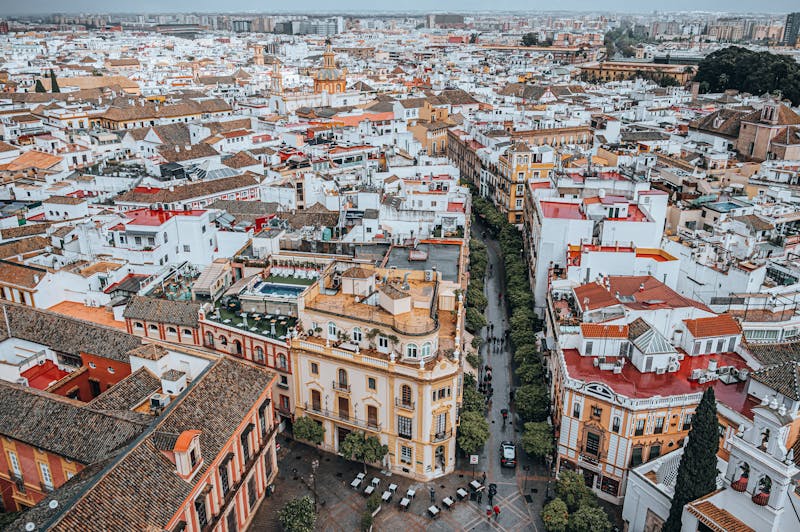 Aerial view of Seville Spain showcasing the dense historic urban architecture
