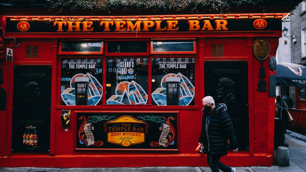 Iconic Temple Bar in Dublin featuring its red facade