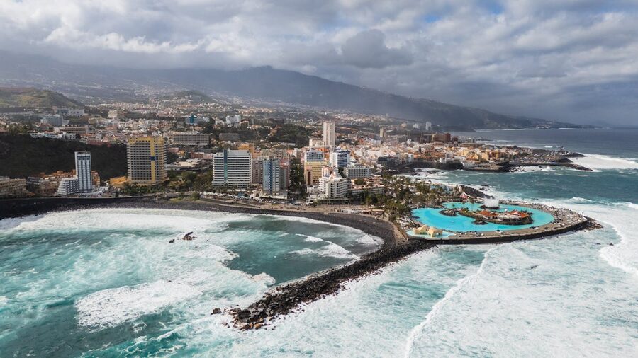 Aerial view of Puerto de la Cruz city along the Atlantic coast in Tenerife