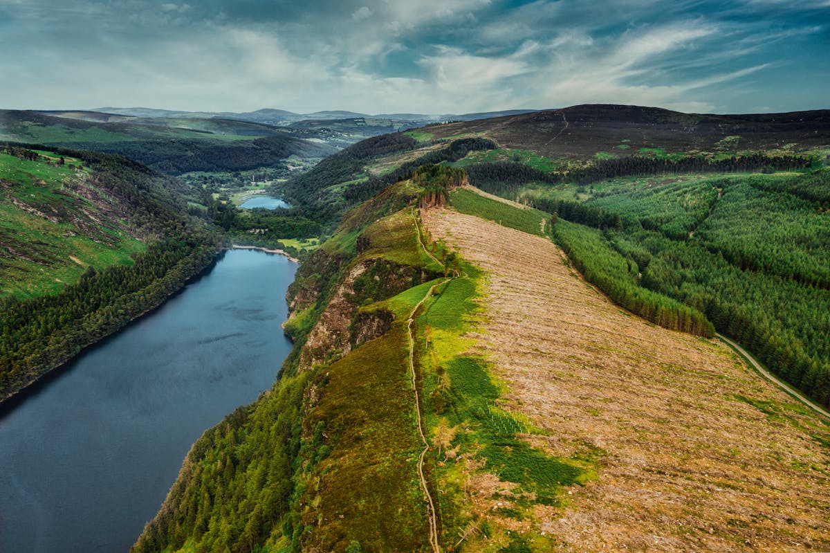 Breathtaking aerial view of Wicklow landscapes and tranquil lakes