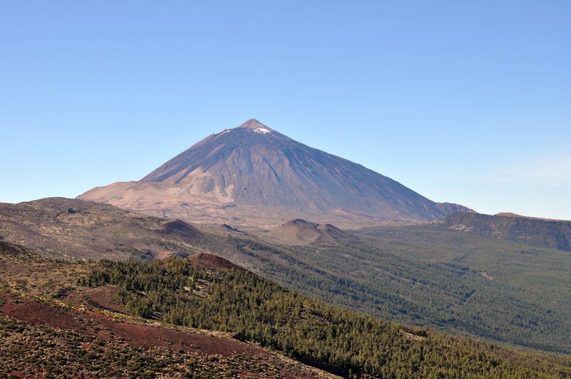 A breathtaking landscape of Mount Teide with clear blue skies in Tenerife, Spain
