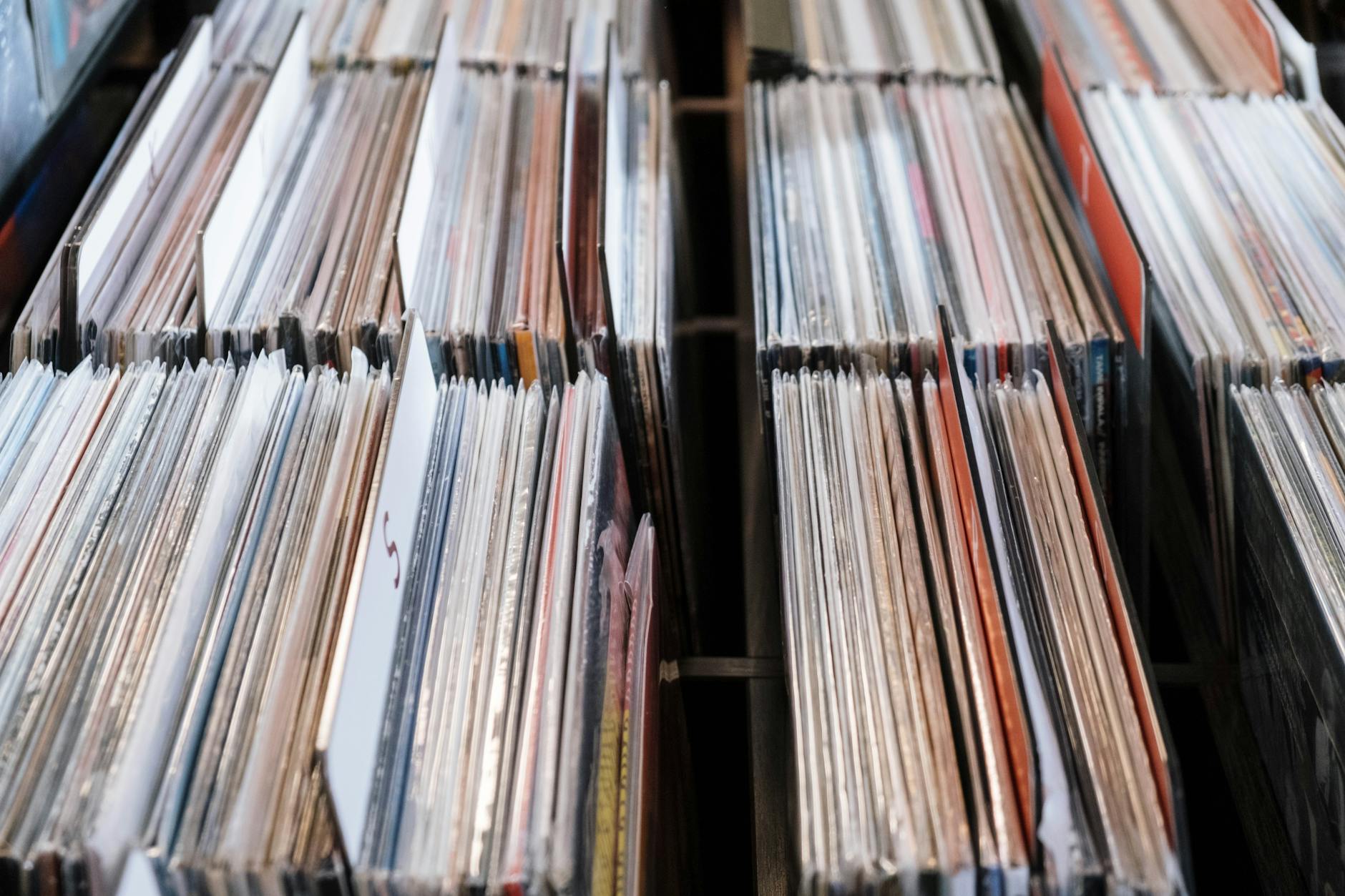 Close-up of vintage vinyl records in a record store