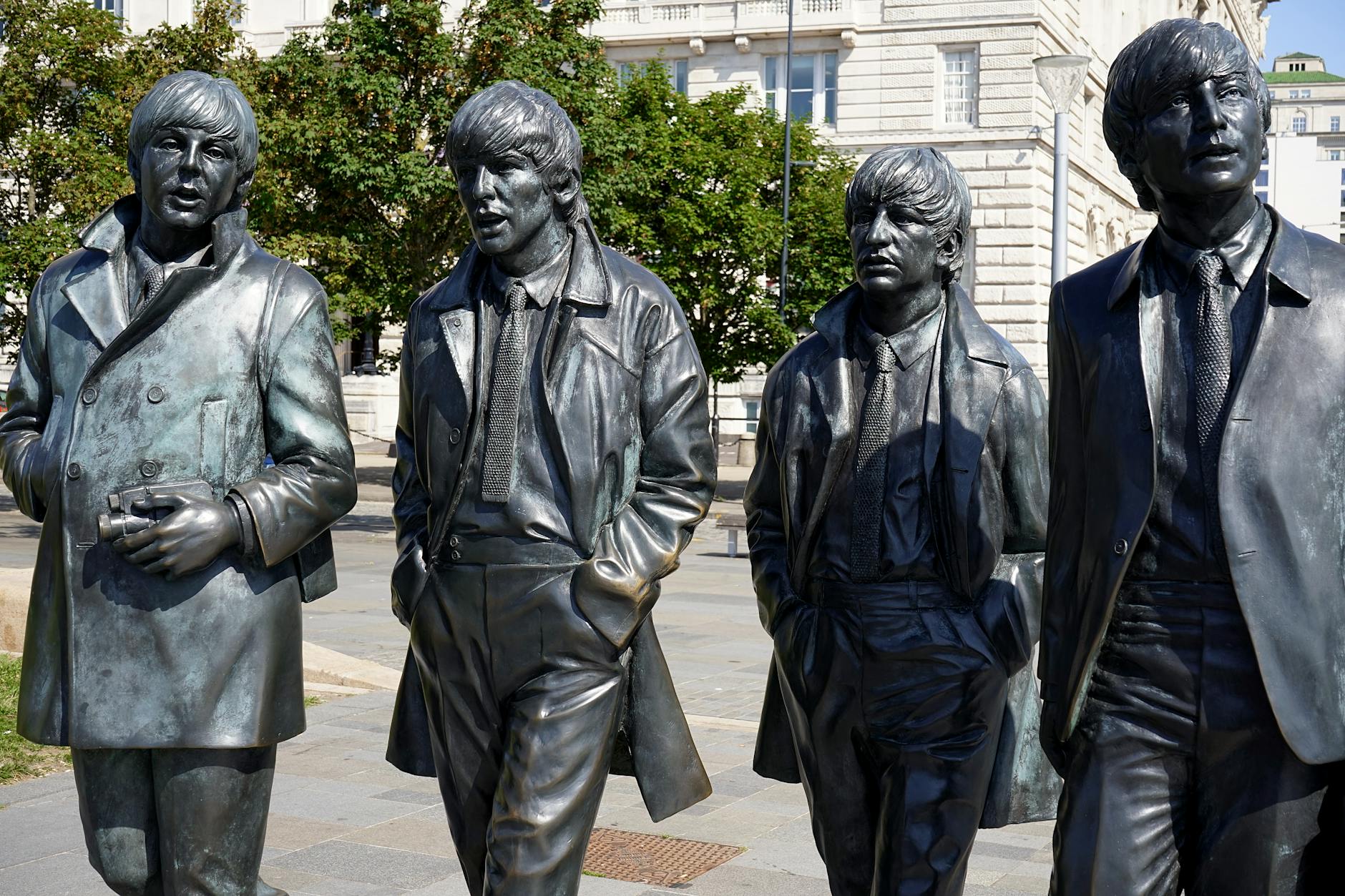 Bronze statues of The Beatles on the Liverpool waterfront