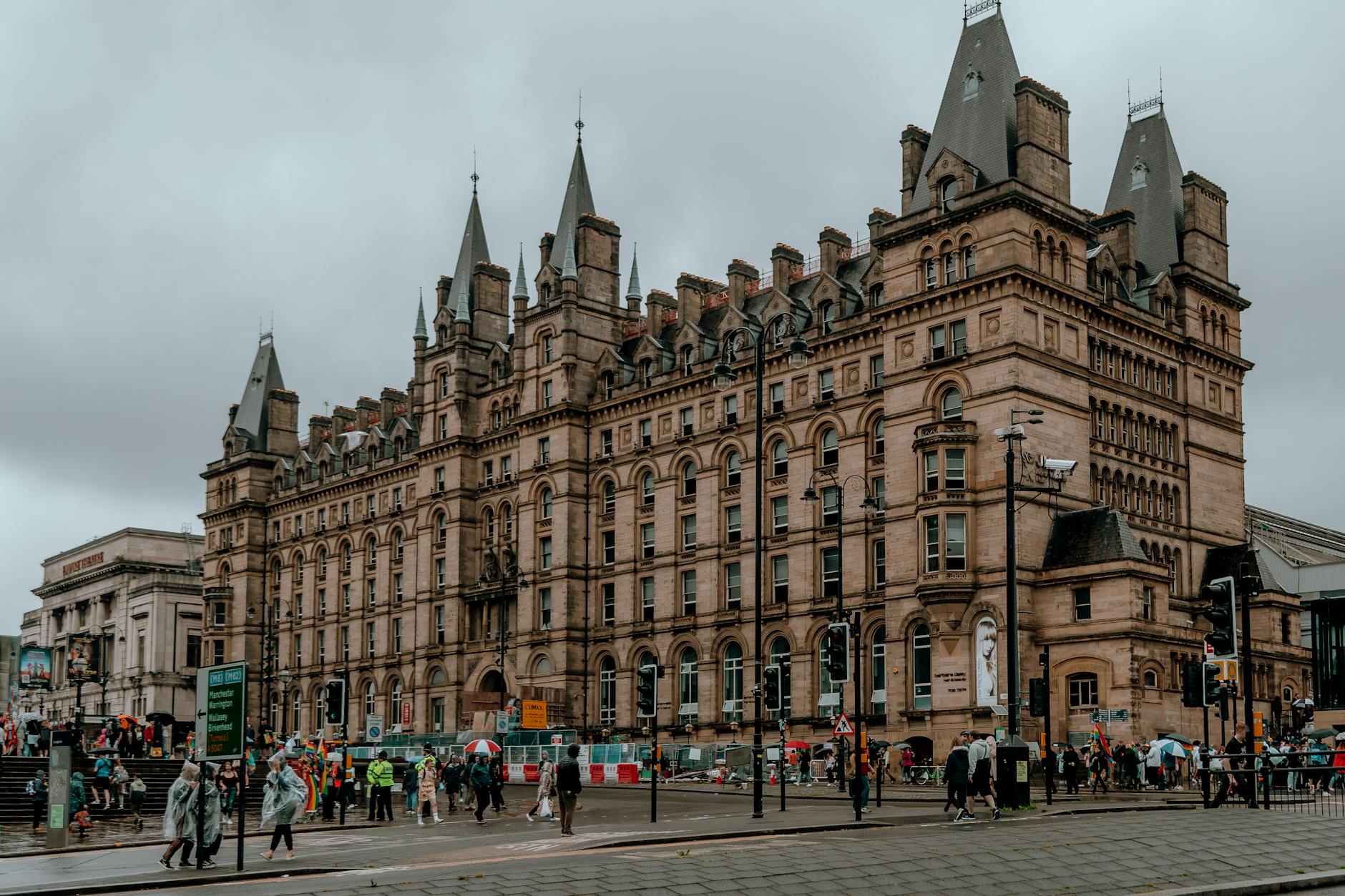 Victorian architecture in Liverpool city center with pedestrians