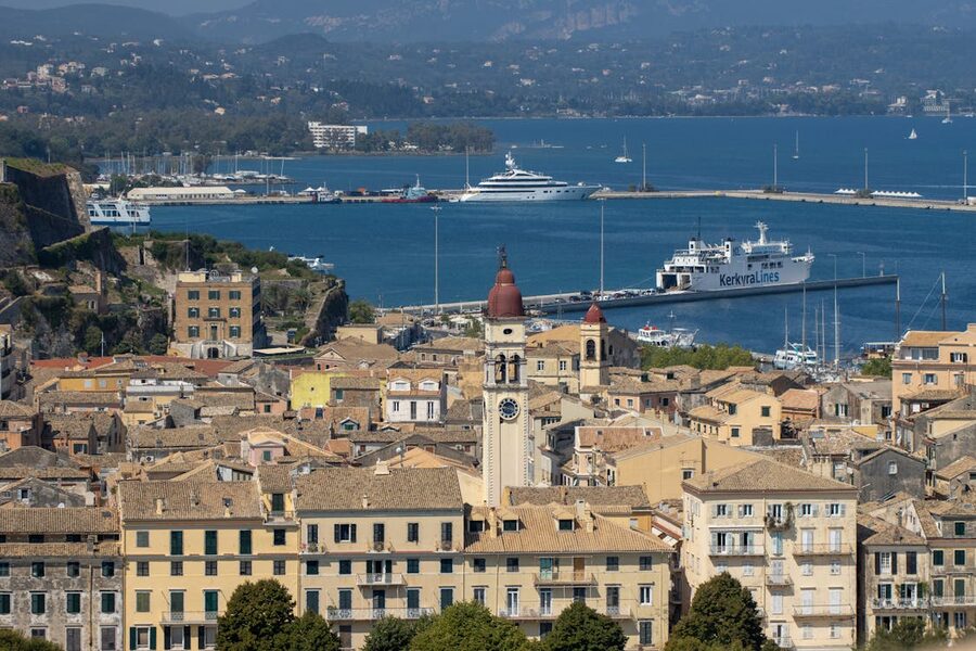 Beautiful aerial view of Corfu Town with historic architecture and harbor in Greece.
