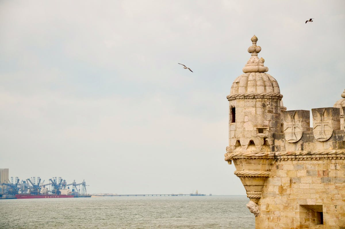Belem Tower seen from the harbor waterfront in Lisbon