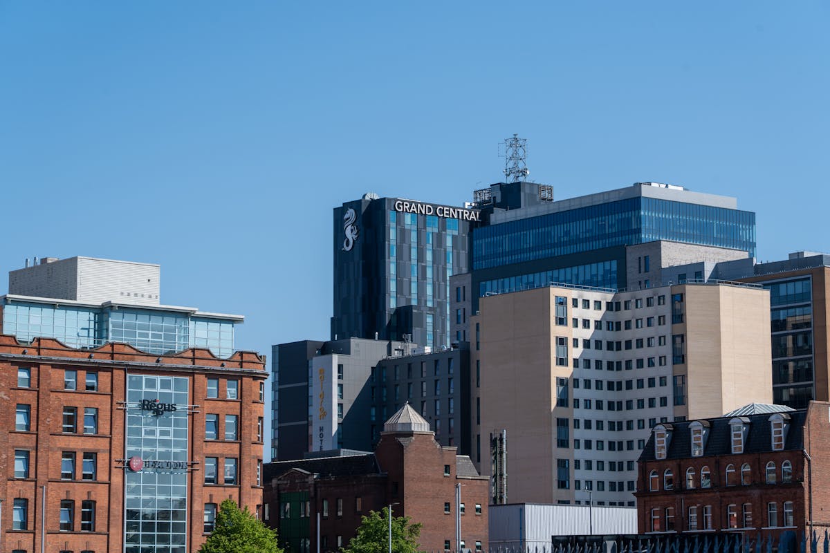 Belfast city skyline showing modern buildings and the River Lagan waterfront