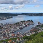 Aerial view of Bergen Norway with colorful buildings and harbor surrounded by fjords