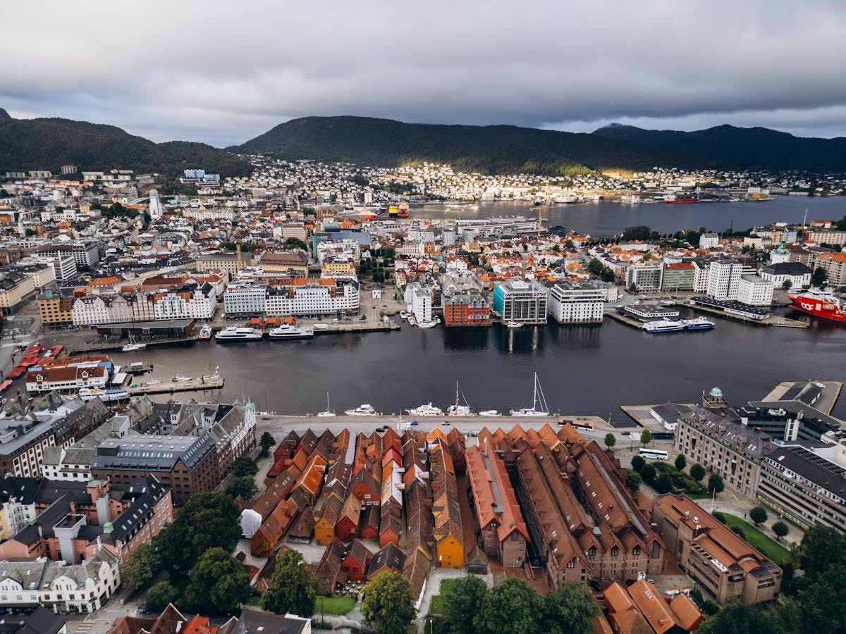 Aerial view of Bergen harbor showing colorful waterfront buildings and boats