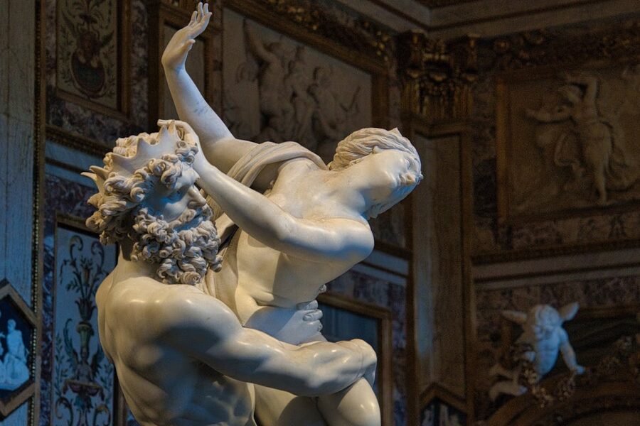 Close-up of an intricate Bernini marble sculpture capturing mythological detail in Borghese Gallery Rome