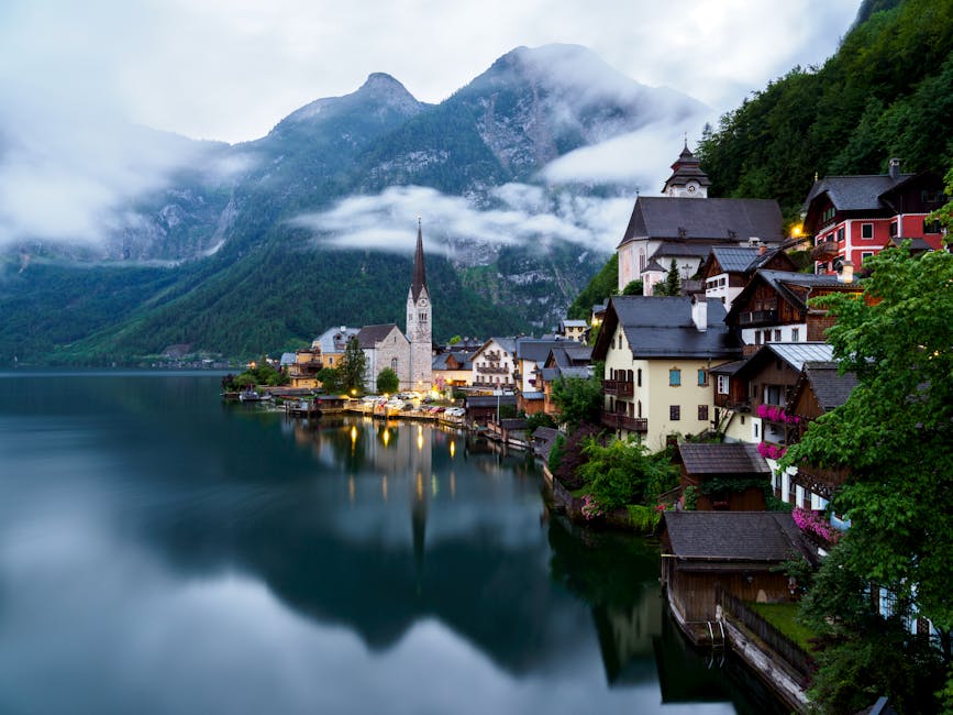 Alpine houses in Hallstatt with mountain backdrop