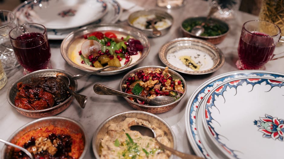 Traditional Turkish meze dinner spread