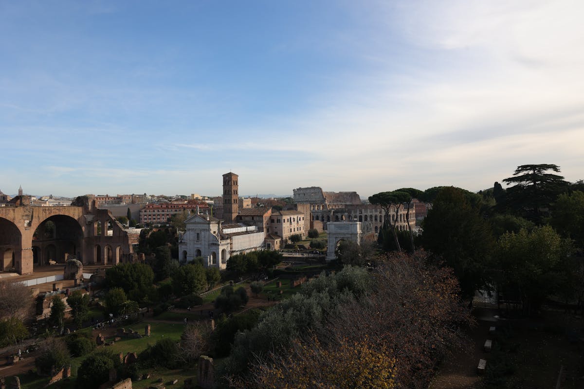 Aerial view of the Roman Forum and Colosseum in Rome
