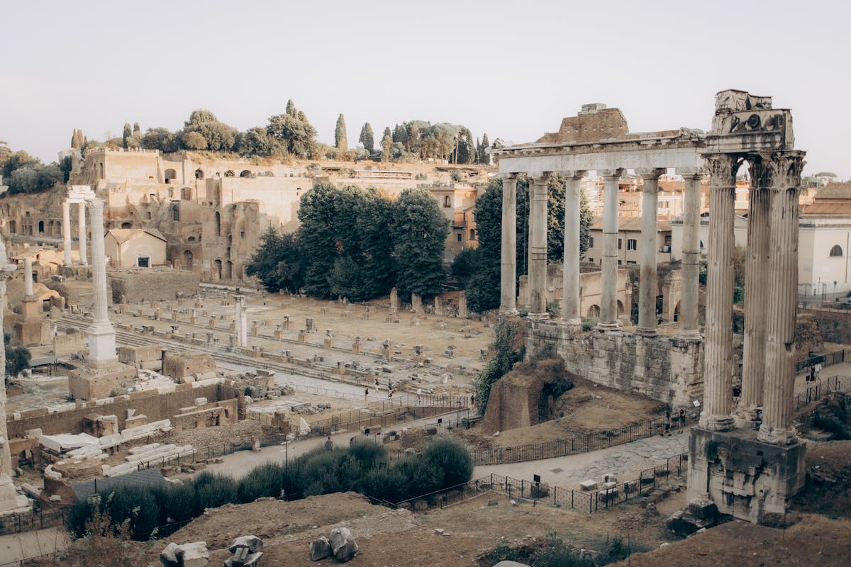 Ruins of the Roman Forum in Rome with ancient temples and columns