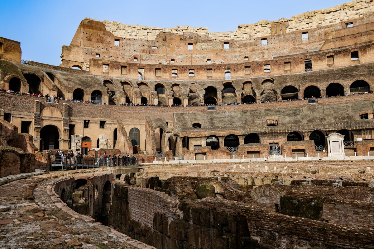Interior view of the Roman Colosseum showing the underground hypogeum structure