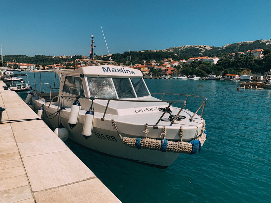 A motorboat moored at a sunny Croatian harbor with clear water