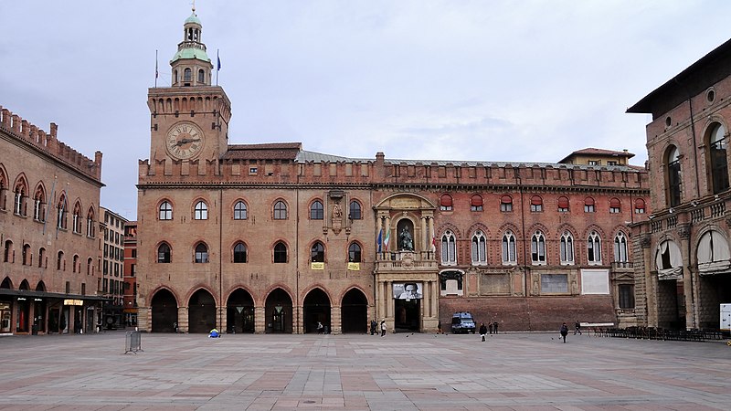 Wide angle view of Piazza Maggiore in Bologna showing the main square and surrounding buildings