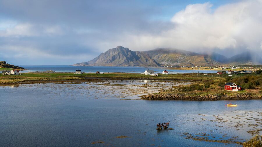 Stunning landscape of Lofoten Islands with mountains and coastline in Norway.