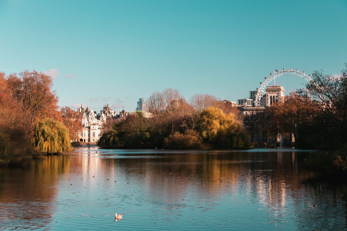 Serene autumn view of St James Park lake reflecting fall colours with London Eye in the distance