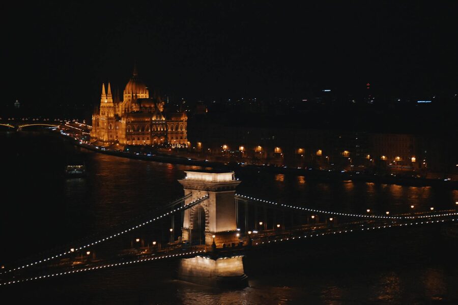 Budapest at dusk with parliament lights