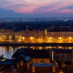 Budapest Danube river lit up at night with Parliament and bridges