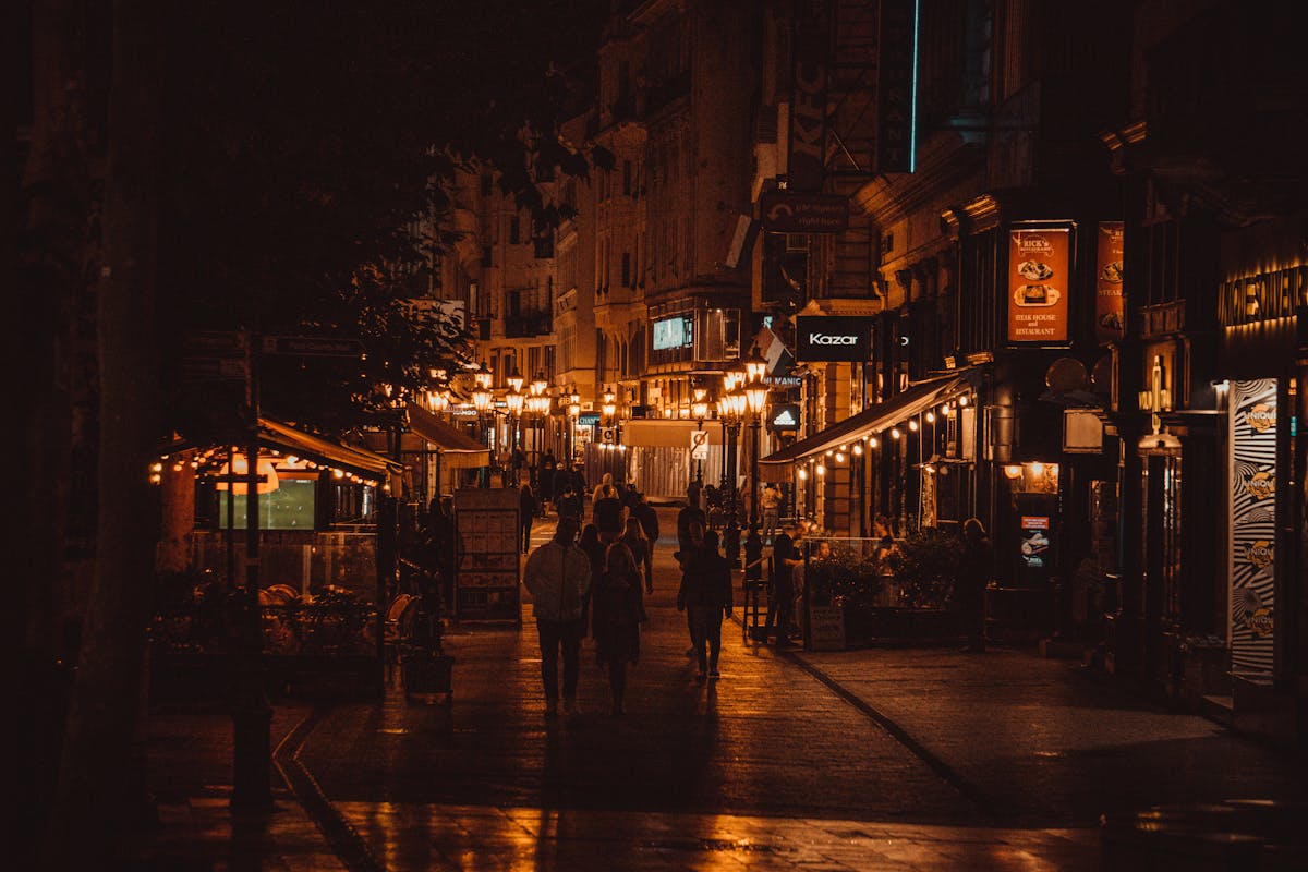 Budapest street illuminated at night
