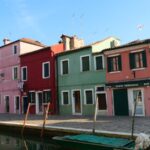 Colorful houses lining a canal in Burano, Venice, Italy, under a clear blue sky