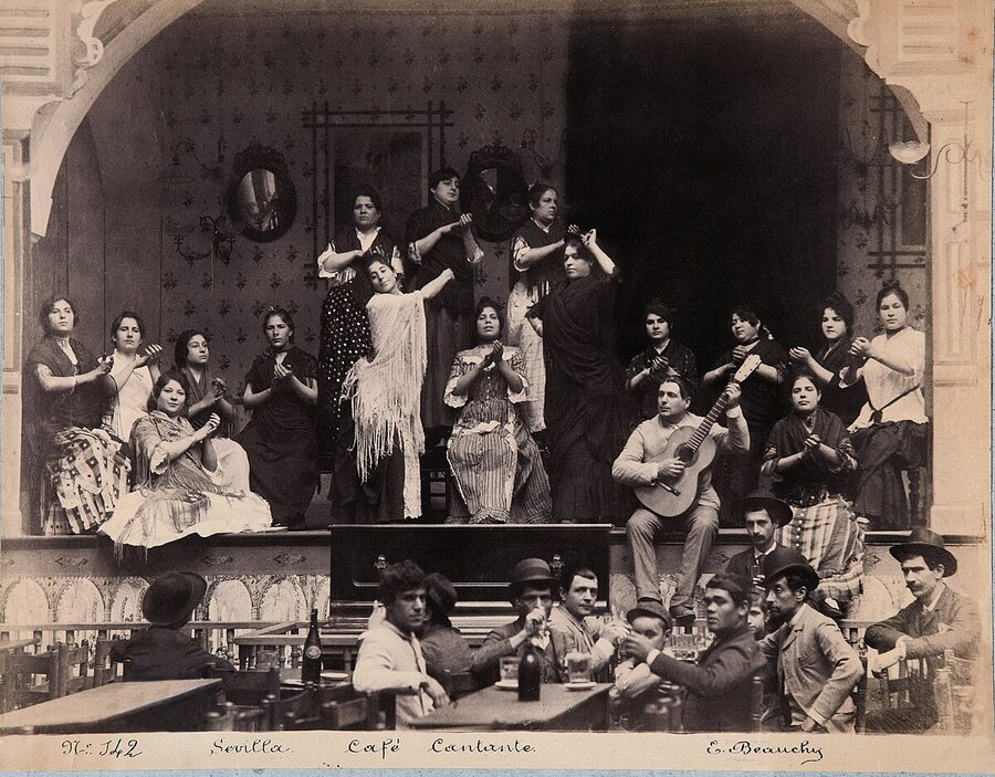 Historical photograph of a cafe cantante singing cafe in Seville circa 1885 by Emilio Beauchy