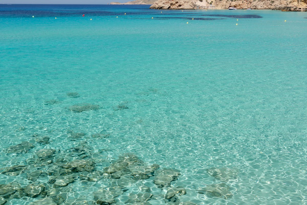 Sandy beach at Cala Tarida in Ibiza with clear turquoise water and blue sky
