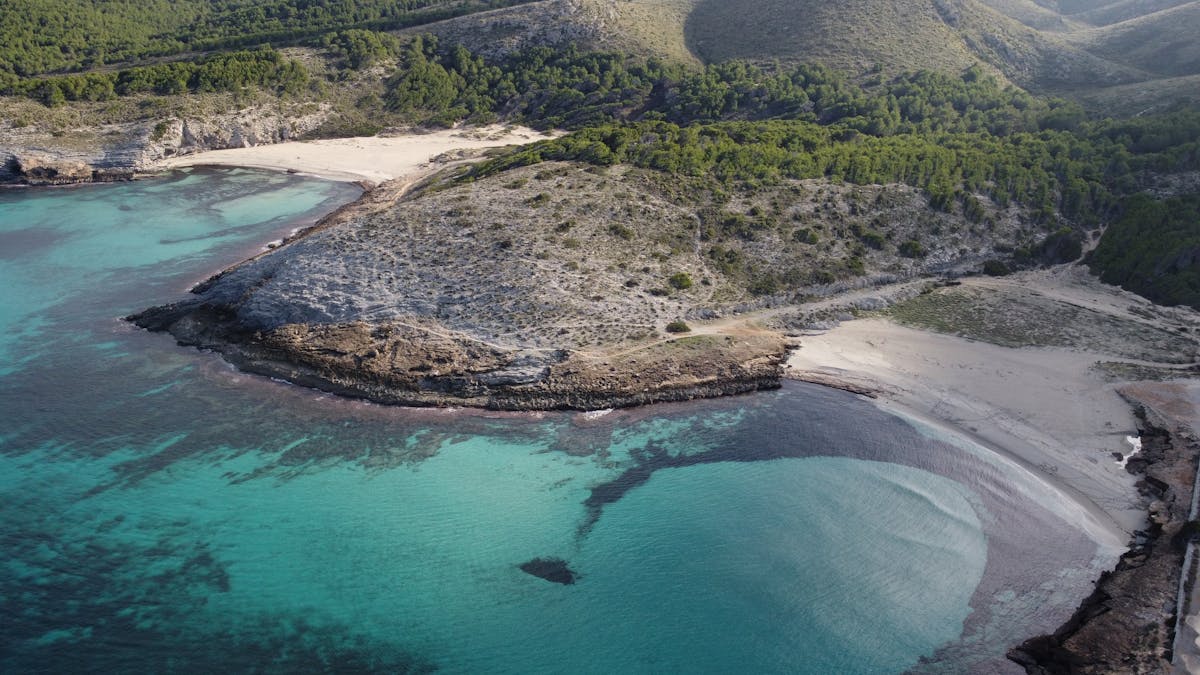 Aerial view of Cala Torta beach with clear turquoise waters in Mallorca