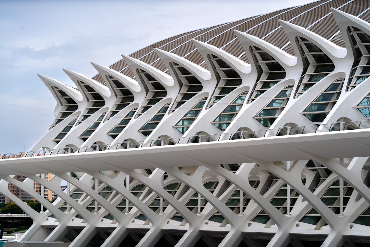 Close-up of Calatrava white steel and glass architecture at Valencia Science Museum